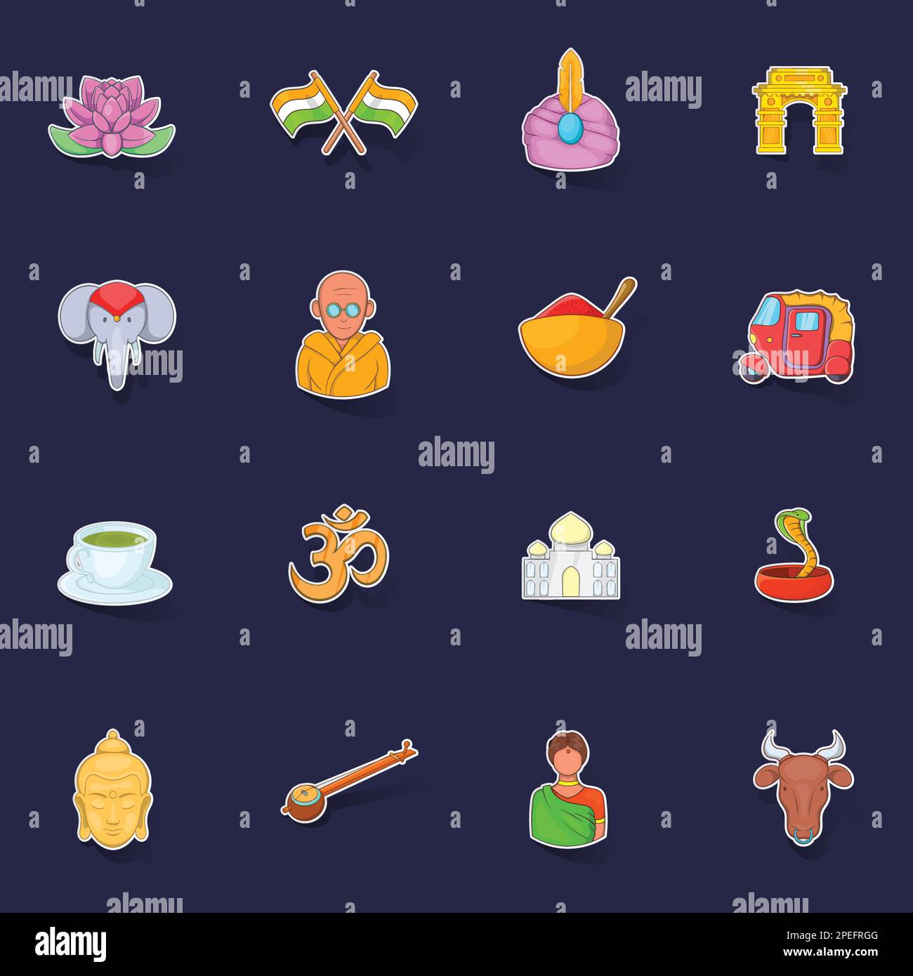 India icons set stikers collection vector with shadow on purple ...