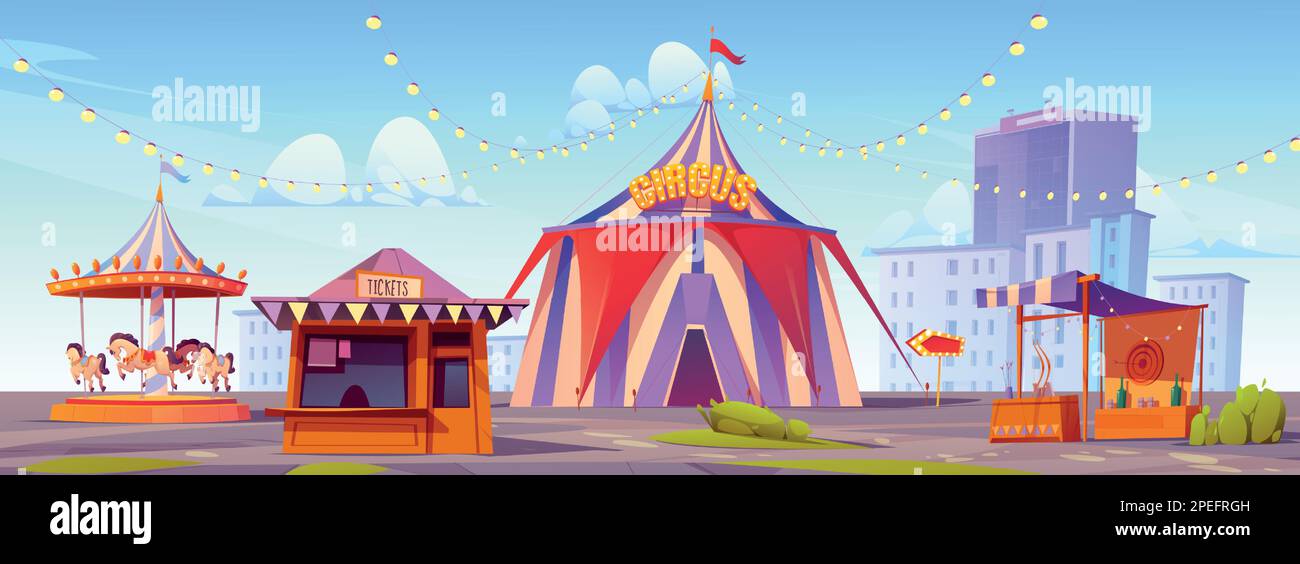 Carnival fun fair, amusement park with circus tent, carousel and ...
