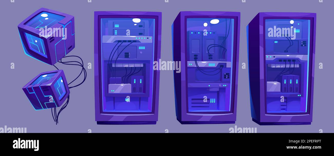Data servers room, database storage and network communication. Concept of digital technologies ...