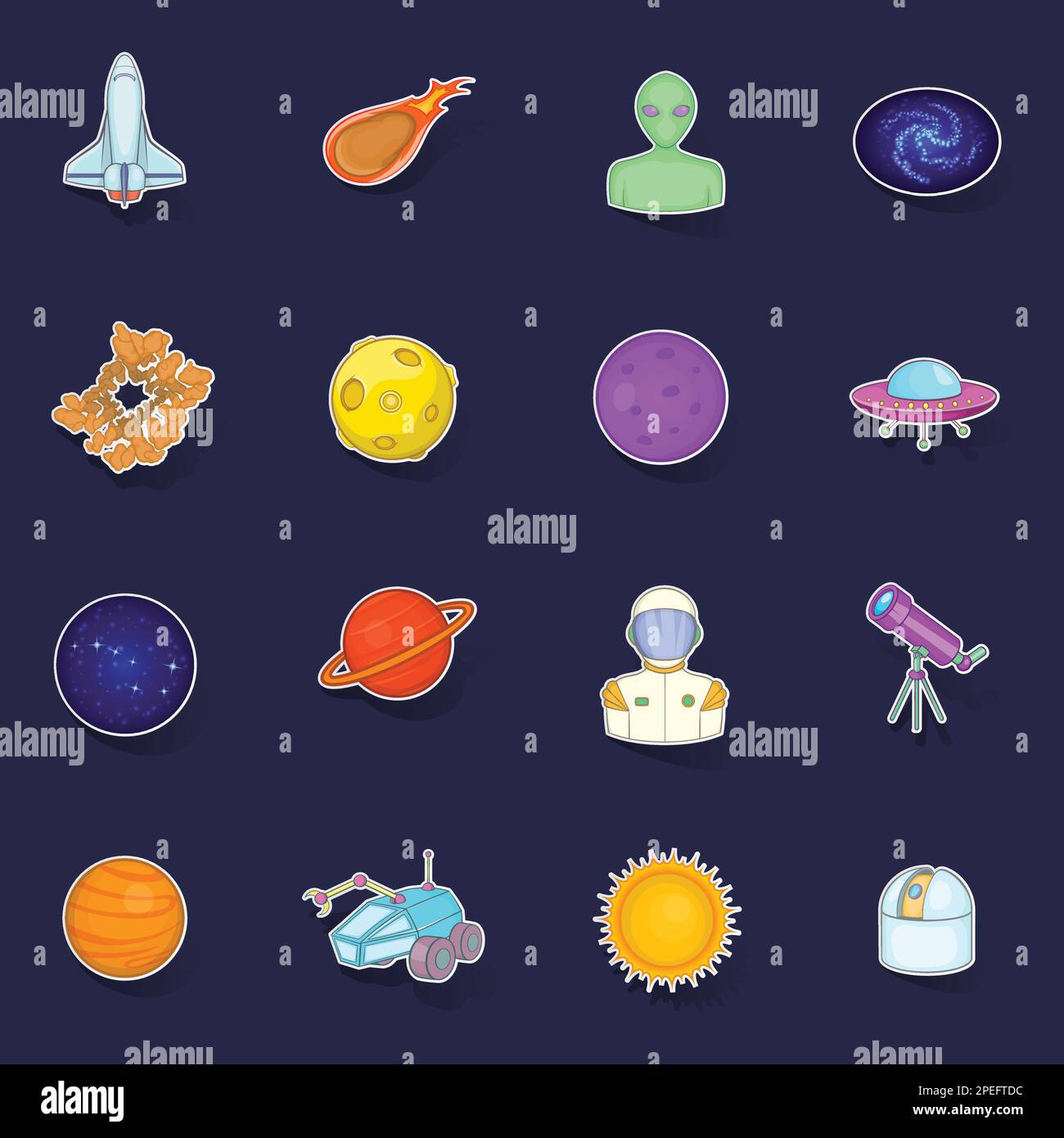 Space icons set stikers collection vector with shadow on purple ...
