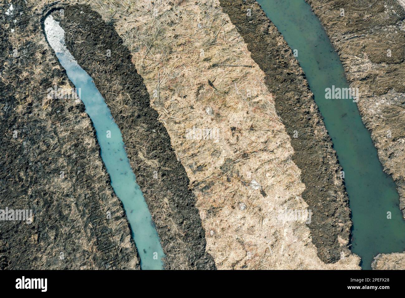 aerial top view of wetland with reclamation ditches for land ...