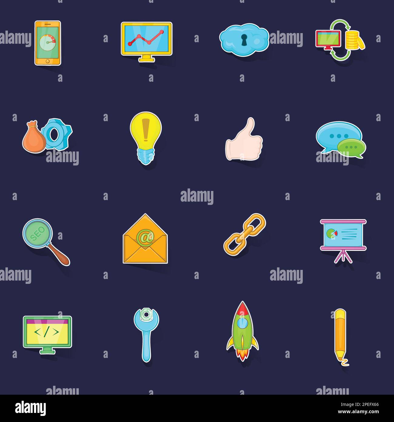 Seo icons in cartoon style. Marketing set stikers collection vector ...