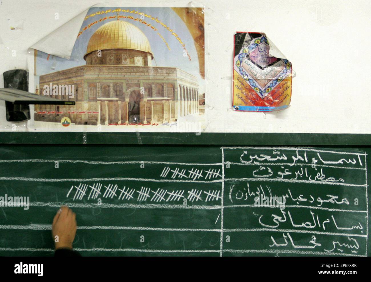 A Palestinian election official marks votes to the candidates for the ...