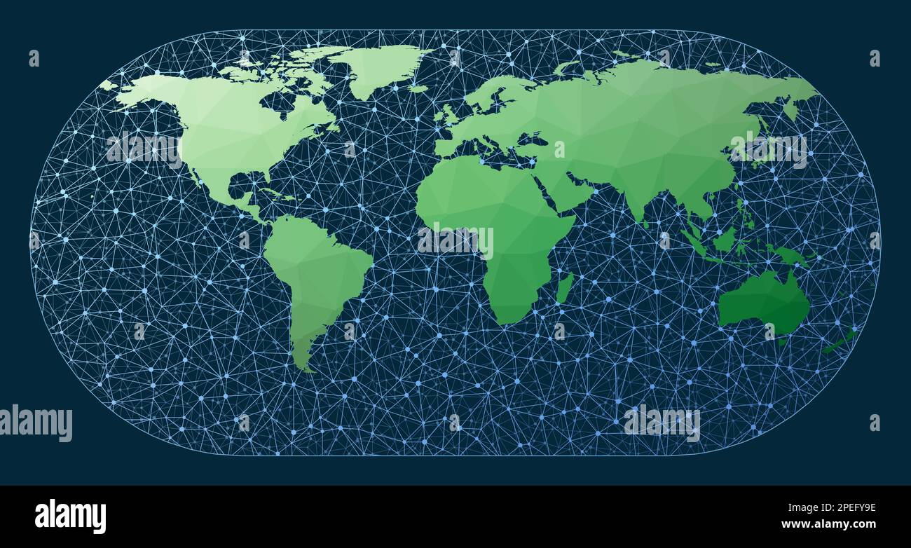 Network map of the world. Eckert 3 projection. Green low poly world map ...