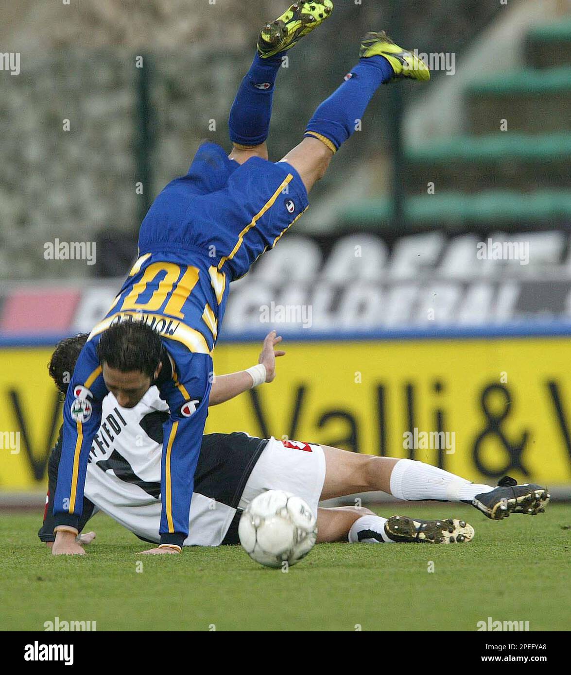 Parma's Domenico Morfeo jumps over Siena's Mattia Graffiedi during the ...