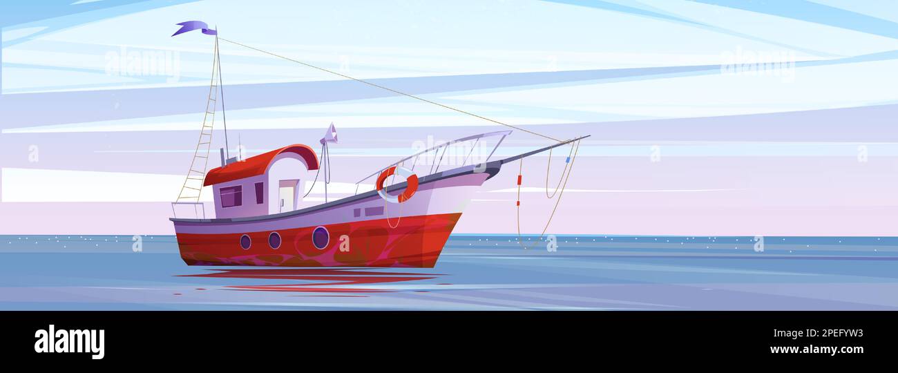 Fish trawler boat in sea vector marine background. Commercial fishery ...