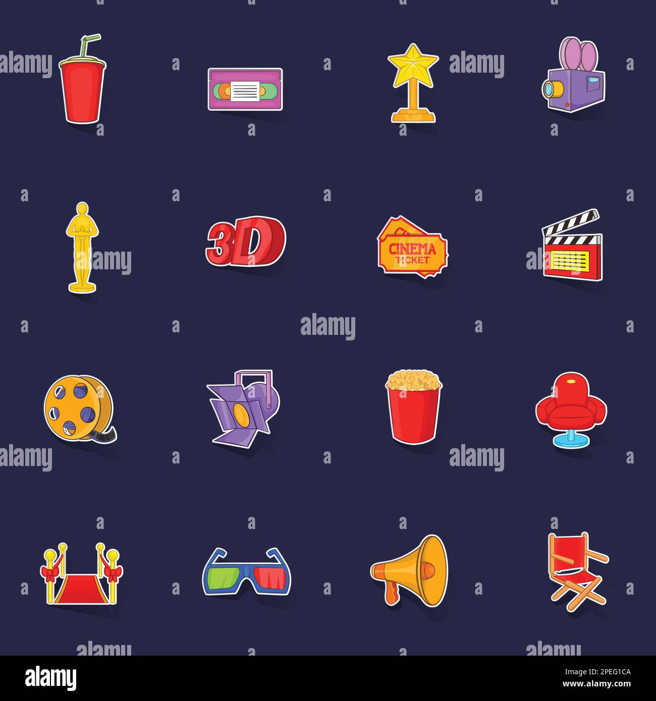 Cinema icons in cartoon style. Movie set stikers collection vector with ...