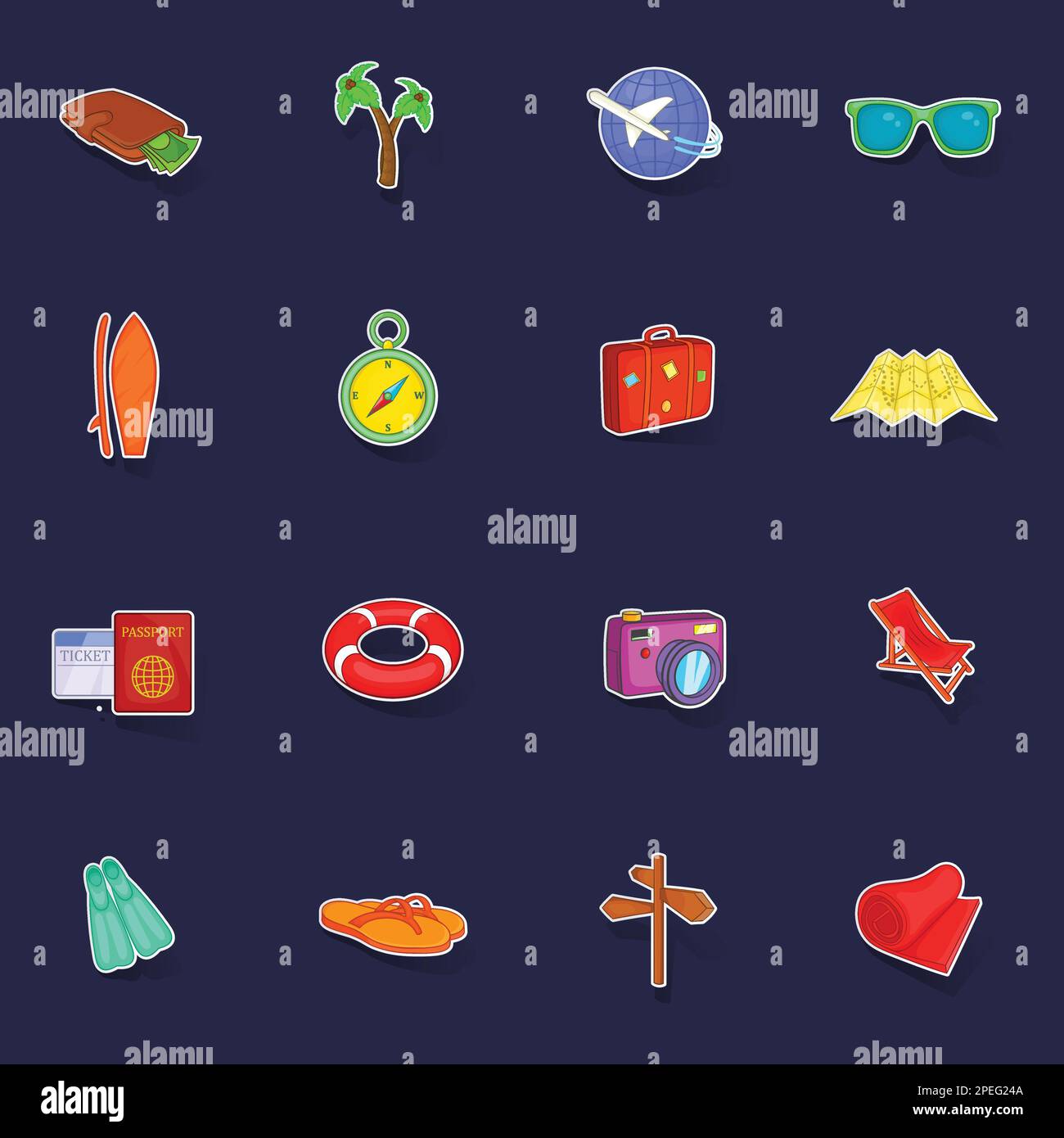 Travel icons set stikers collection vector with shadow on purple ...