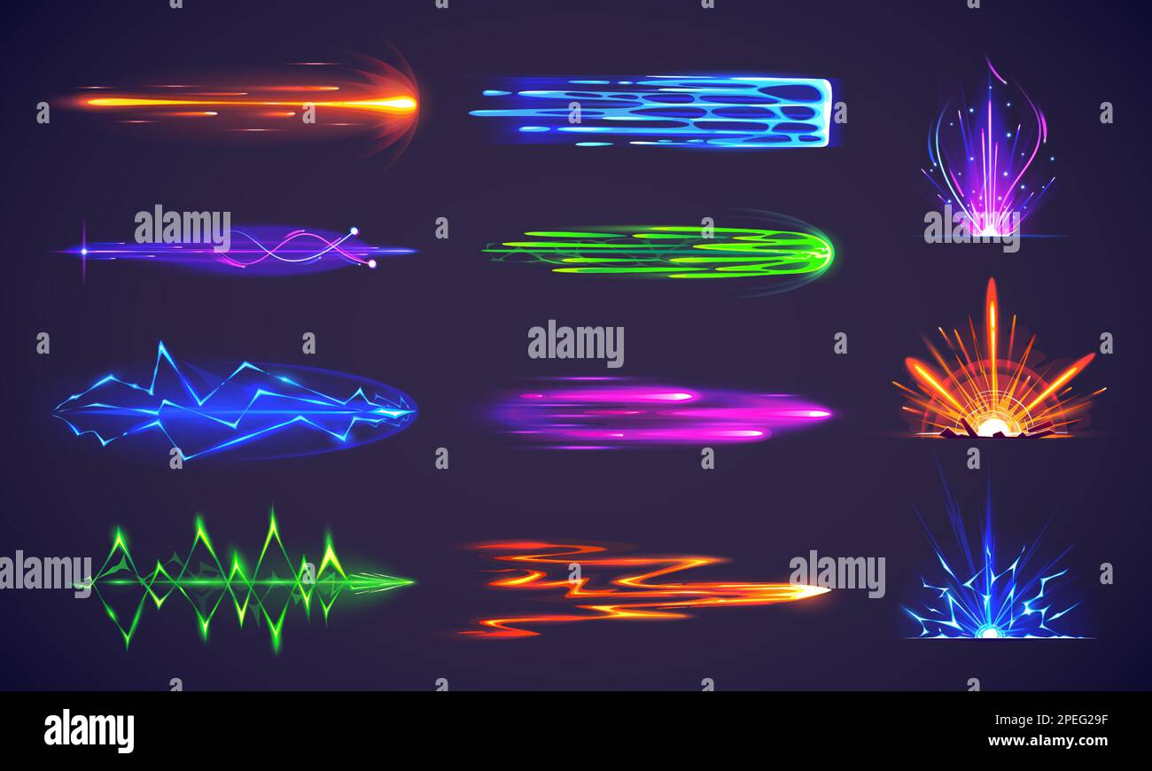 Cartoon set of colorful laser gun and explosion effects isolated on ...