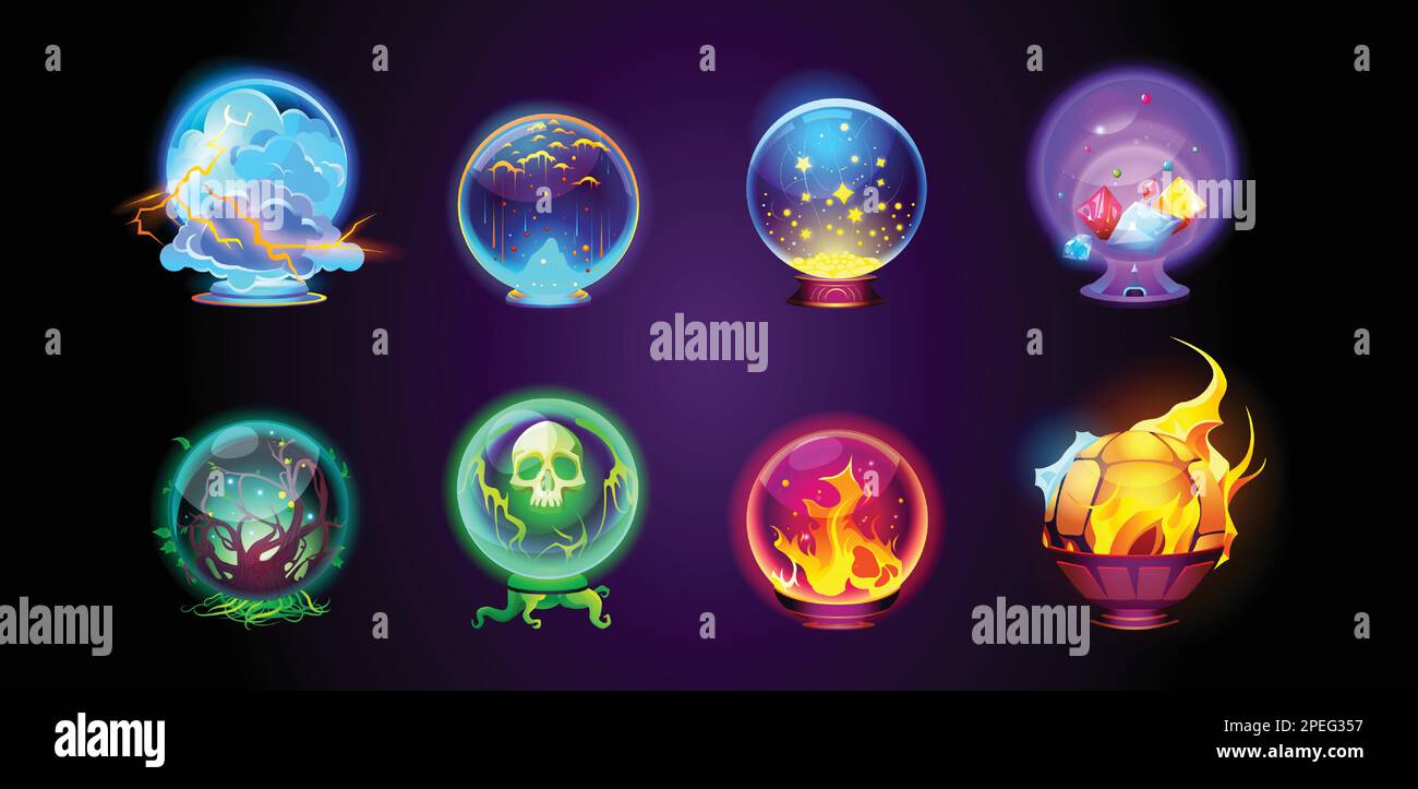 Cartoon set of magic fortune telling crystal balls on dark background ...