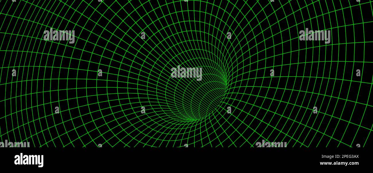 Green wireframe wormhole on black, 3d funnel or portal. Graphic ...