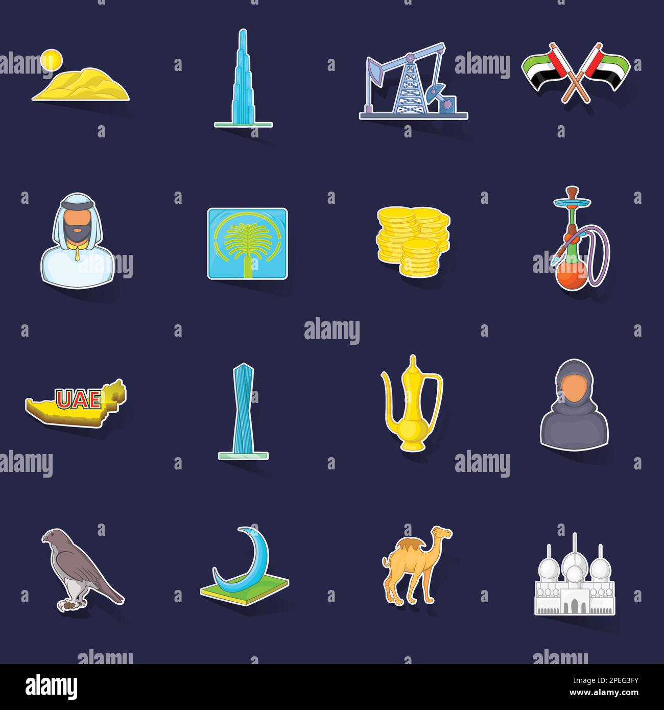 UAE icons set stikers collection vector with shadow on purple ...