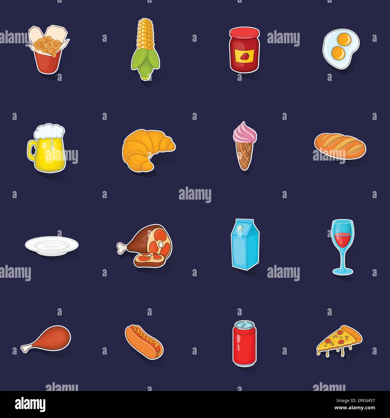 Food icons set stikers collection vector with shadow on purple ...