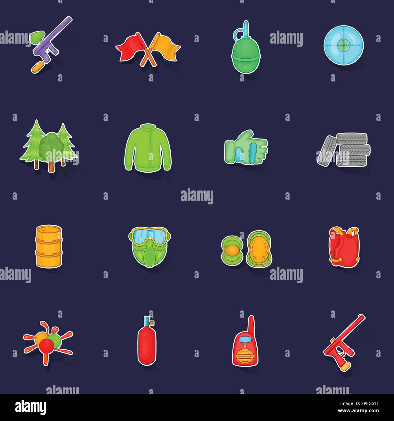 Paintball icons set stikers collection vector with shadow on purple ...