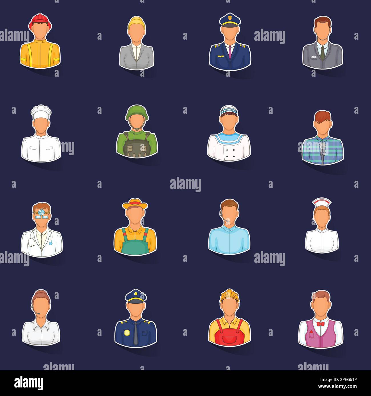 Professions icons set stikers collection vector with shadow on purple ...