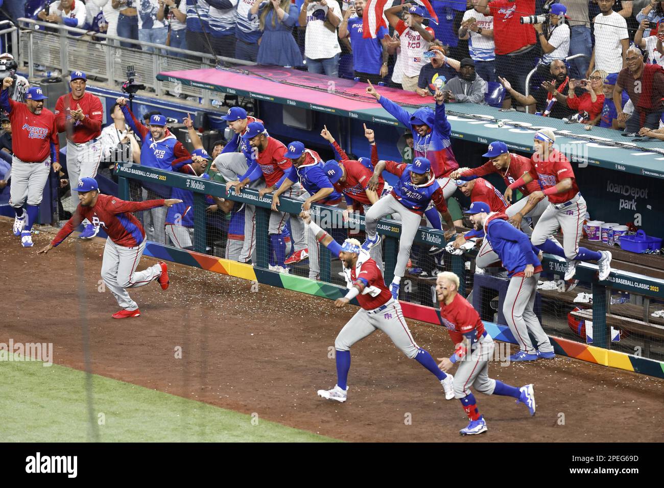 Puerto Rico players rush out of the dugout after their victory over the ...