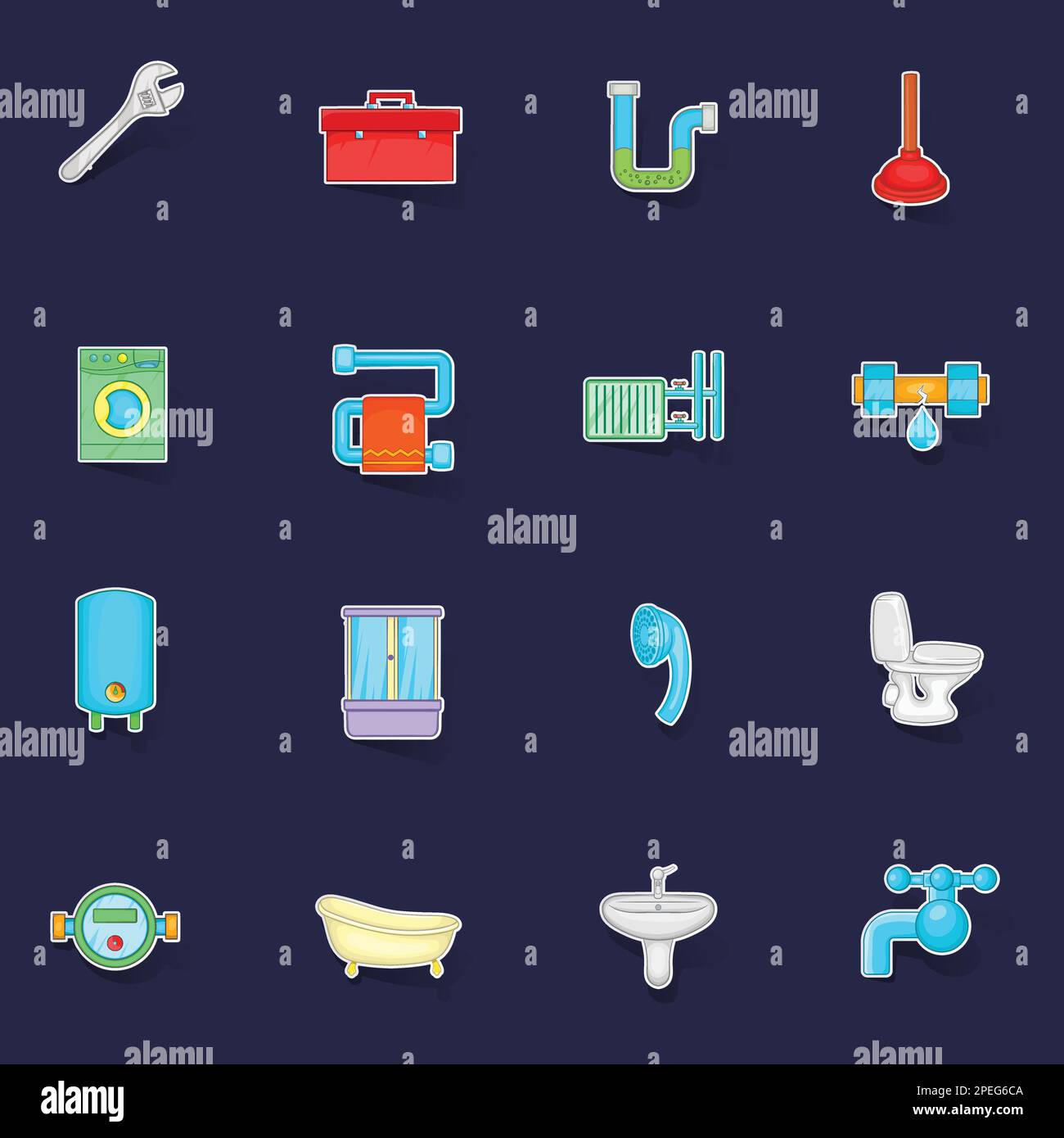 Bathroom icons set stikers collection vector with shadow on purple ...