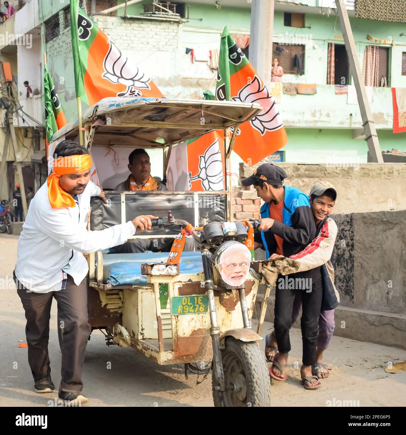 Delhi, India, December 02 2022 -Bharatiya Janata Party (BJP) supporter ...