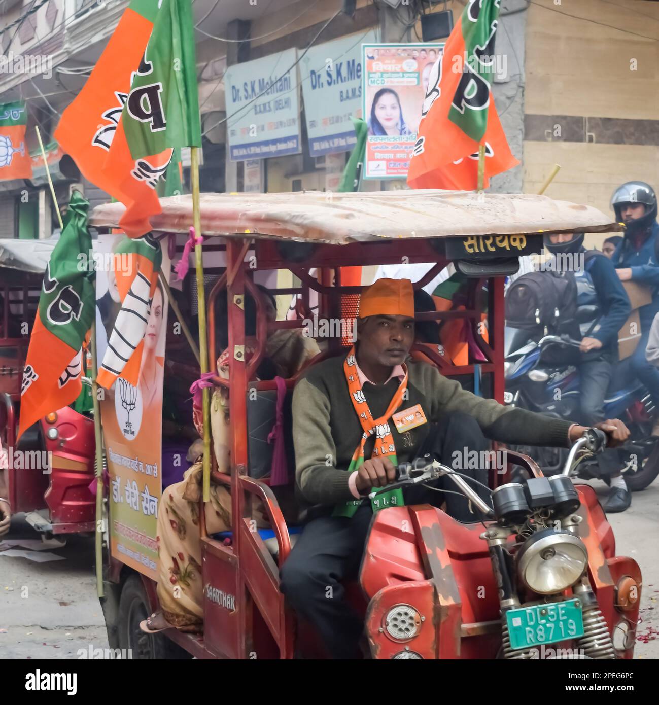 Delhi, India, December 02 2022 -Bharatiya Janata Party (BJP) supporter ...