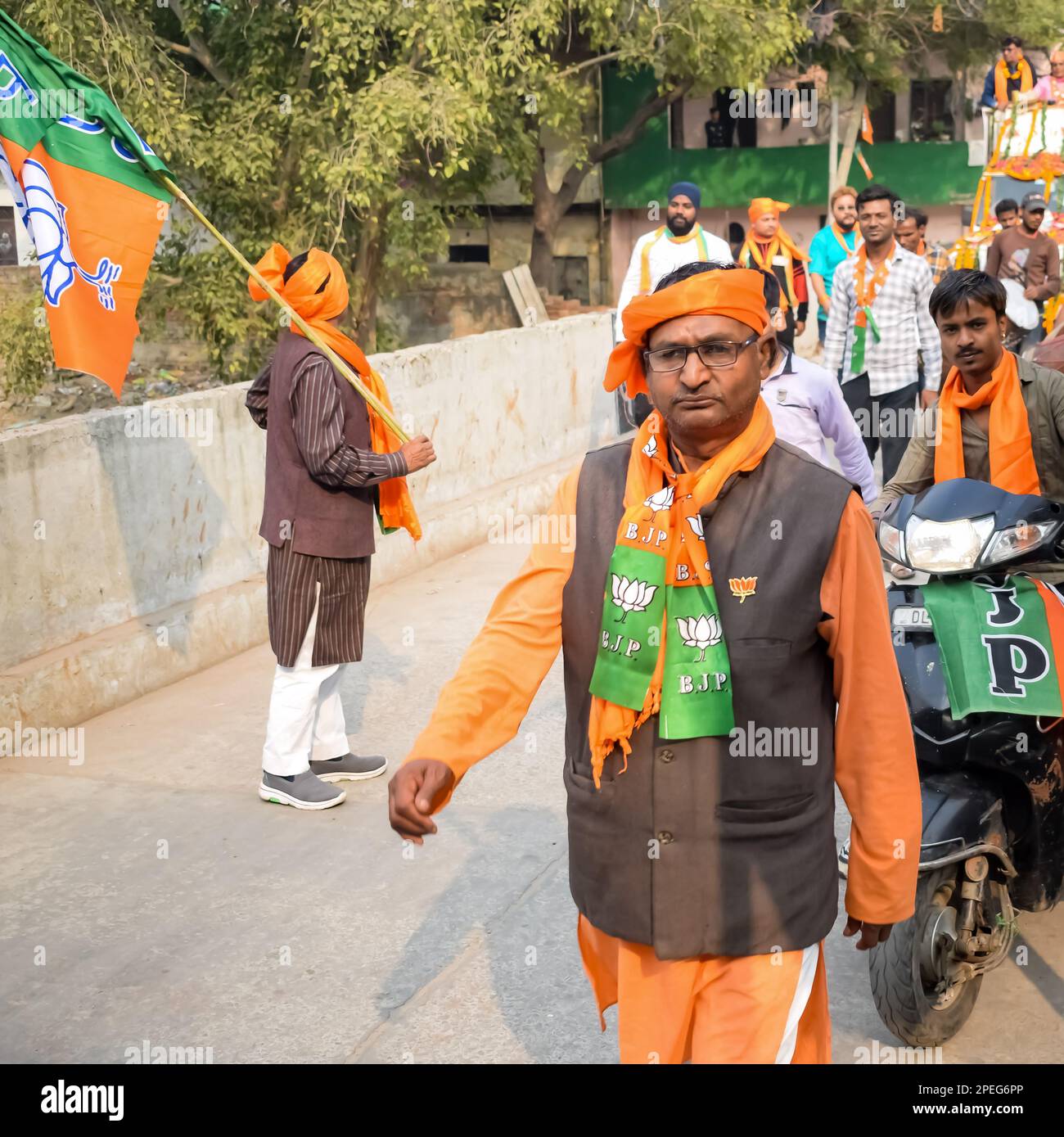 Delhi, India, December 02 2022 -Bharatiya Janata Party (BJP) supporter ...