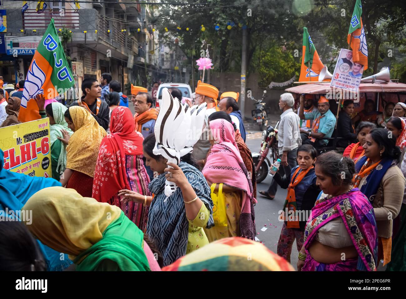 Delhi, India, December 02 2022 -Bharatiya Janata Party (BJP) supporter ...