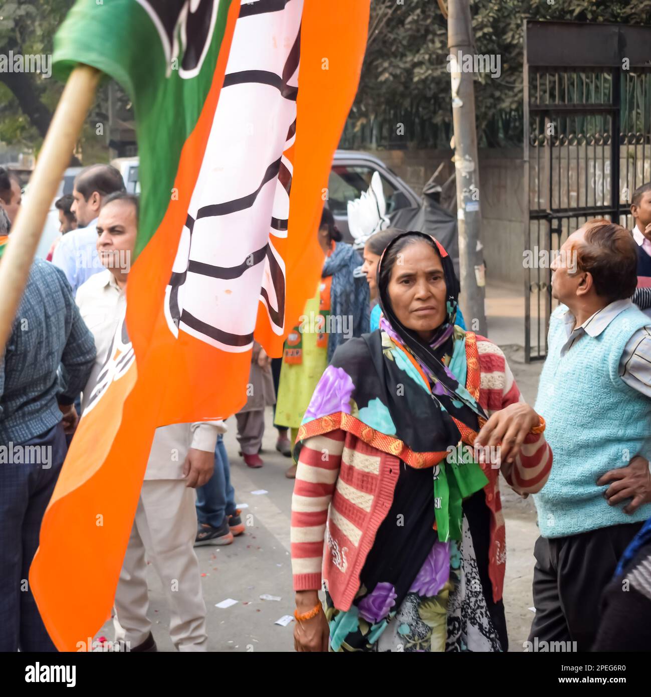 Delhi, India, December 02 2022 -Bharatiya Janata Party (BJP) supporter ...
