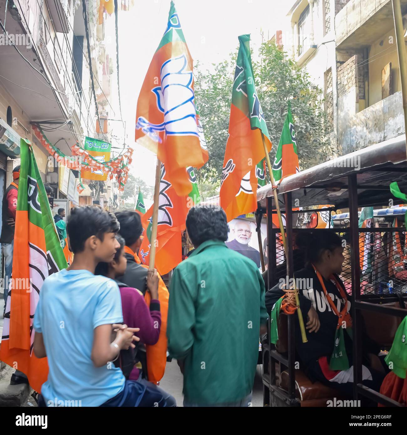 Delhi, India, December 02 2022 -Bharatiya Janata Party (BJP) supporter ...
