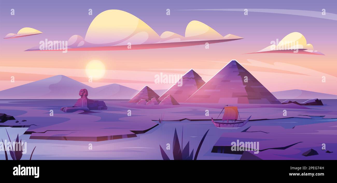 Egyptian pyramids and Nile river. Desert landscape with ancient pharaoh ...