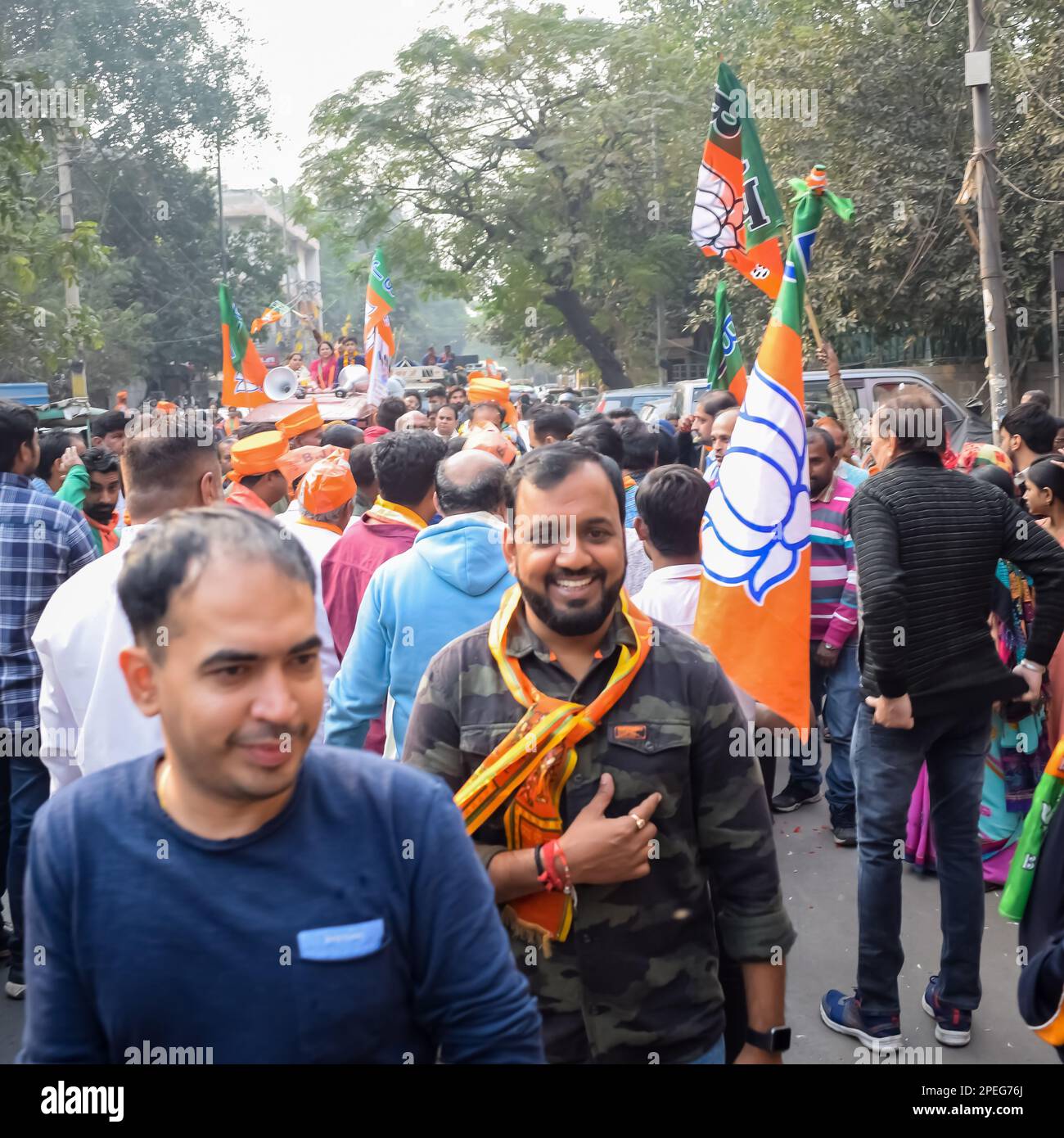 Delhi, India, December 02 2022 -Bharatiya Janata Party (BJP) supporter ...