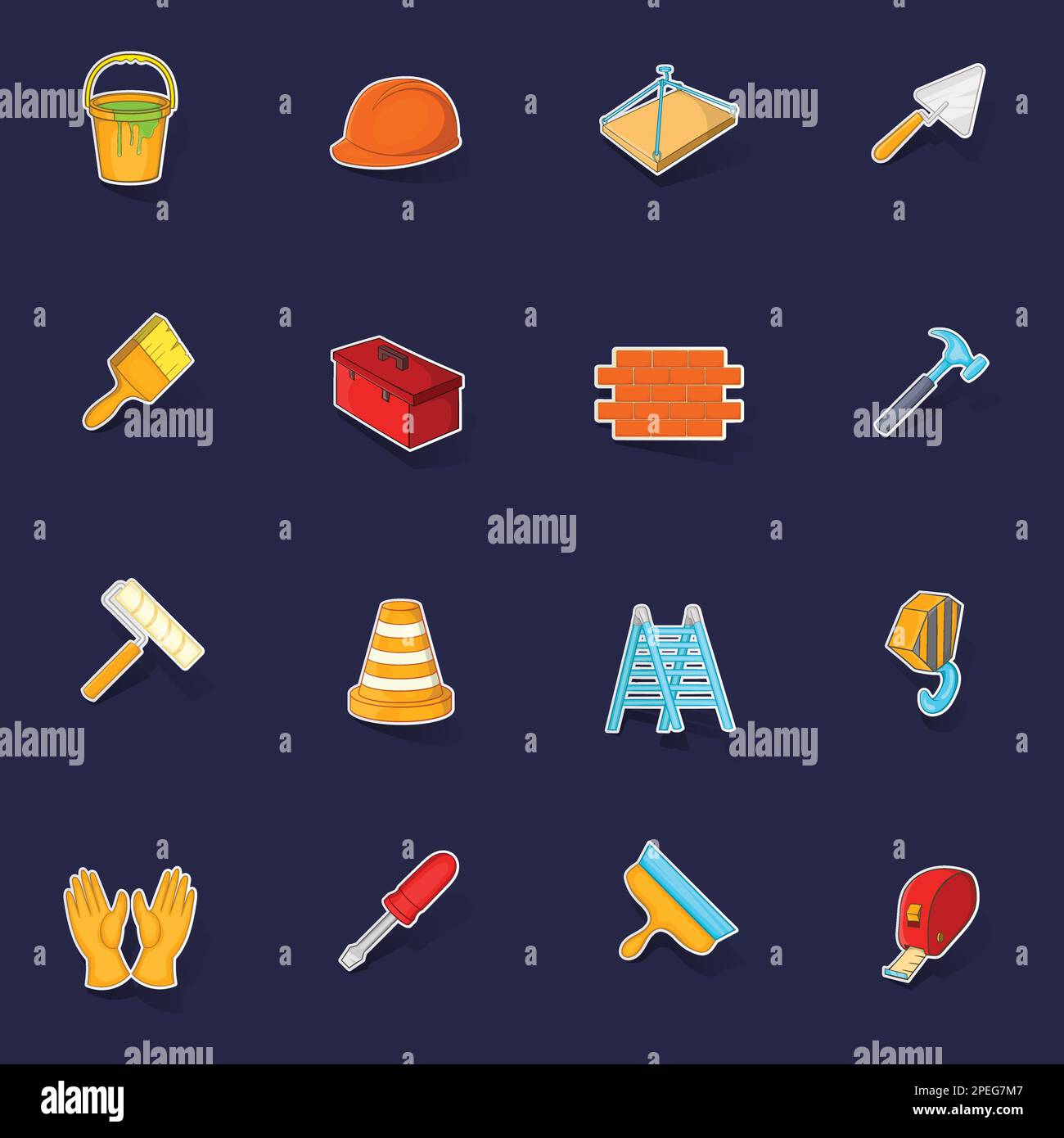 Working tools icons set stikers collection vector with shadow on purple ...