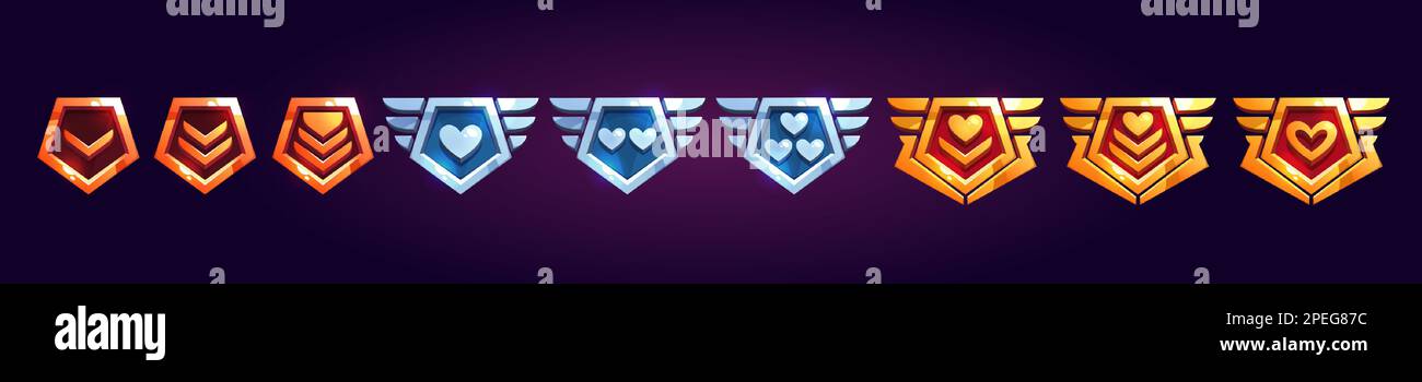 Insignia military game love rank badge with heart set. Isolated cartoon ...
