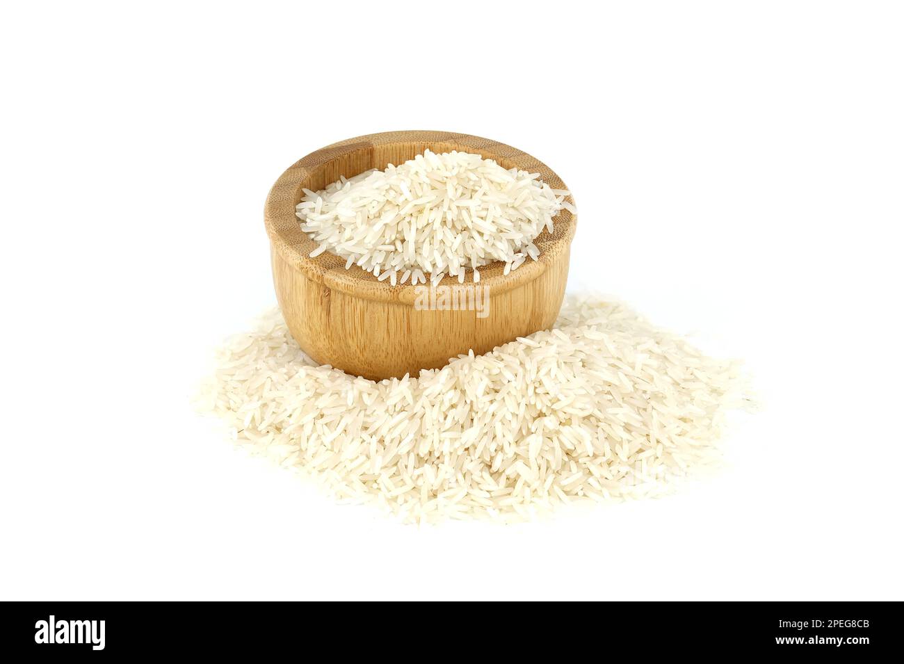 Uncooked long-grain basmati rice in wooden bowl isolated on white ...