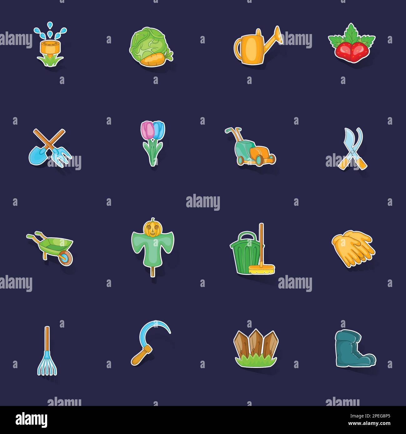 Garden icons set stikers collection vector with shadow on purple ...