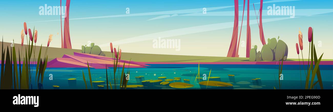 Green swamp and cattail near lake vector background. Pond in bush with ...