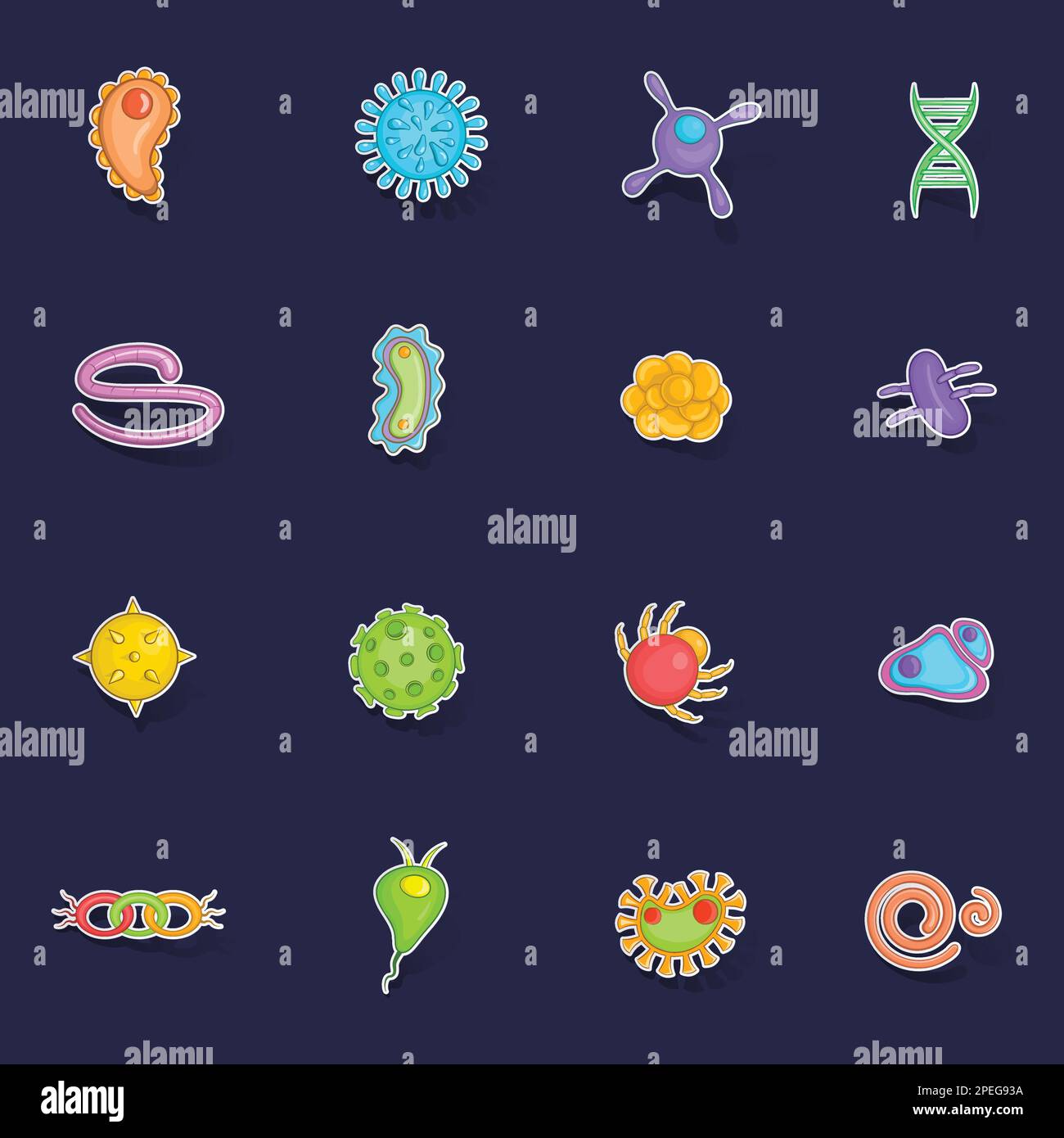 Virus icons set stikers collection vector with shadow on purple ...