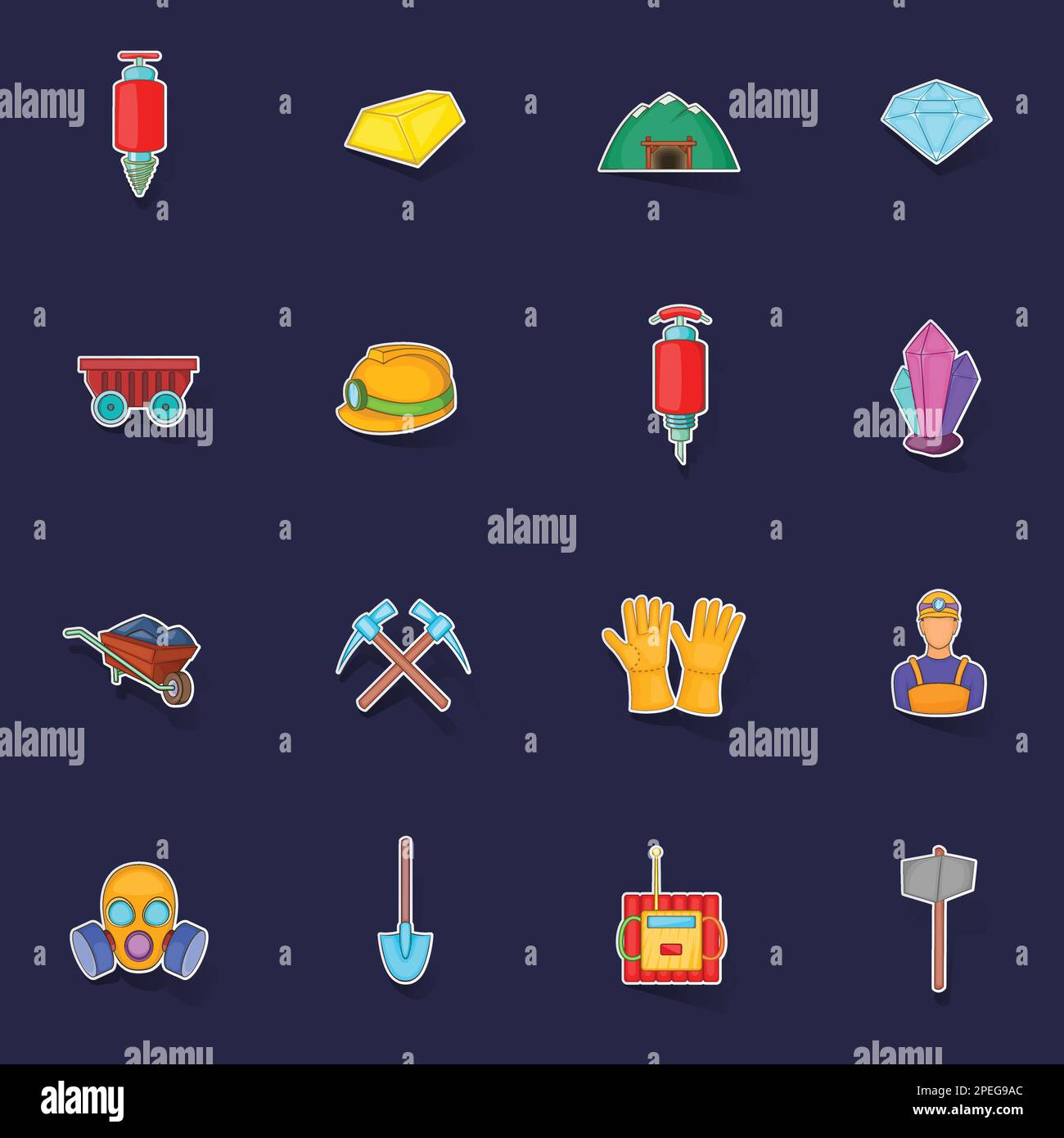 Mining icons set stikers collection vector with shadow on purple ...