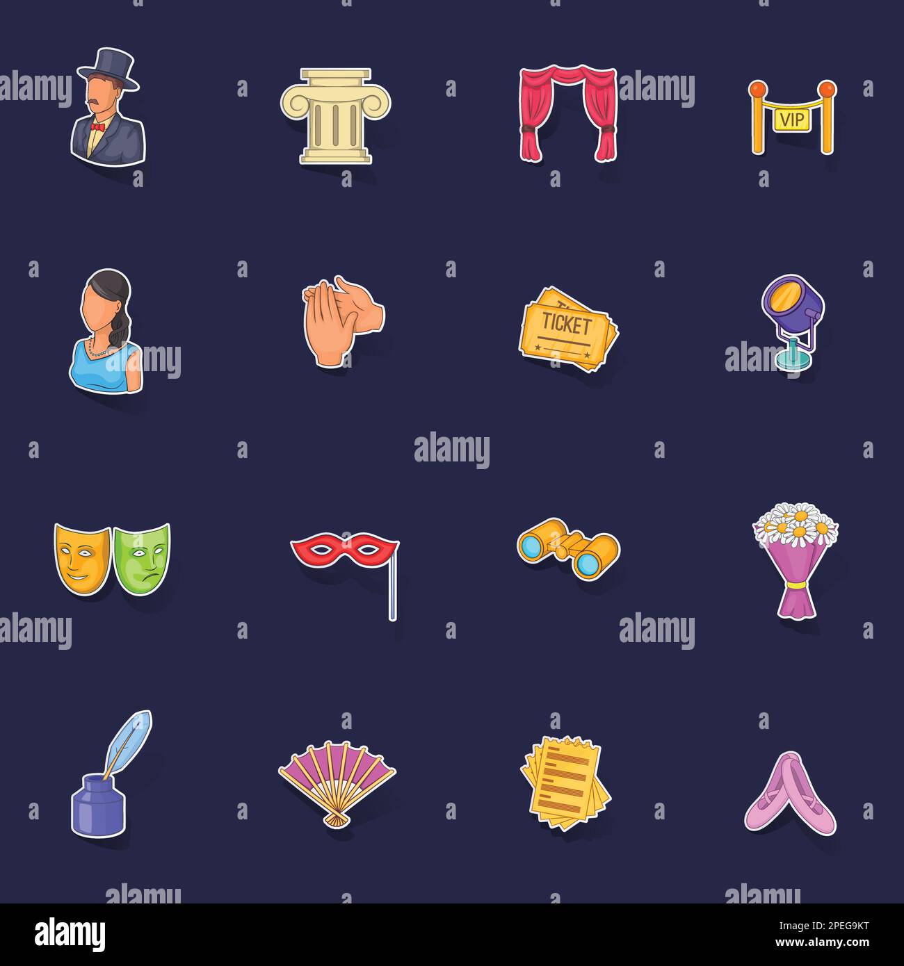 Theatre icons set stikers collection vector with shadow on purple ...
