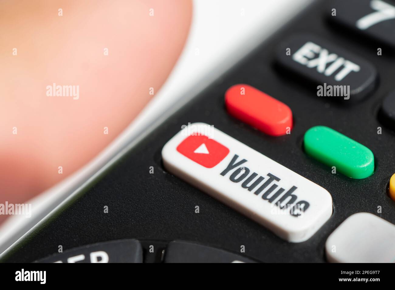 Barnaul russia, May 15, 2022: YouTube on television remote , hand ...