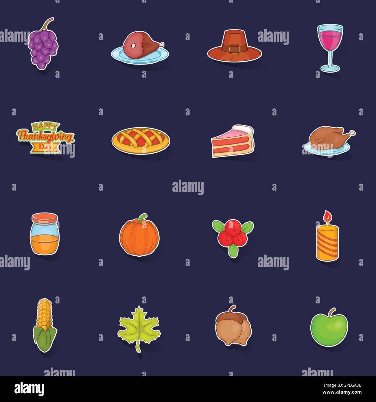 Thanksgiving icons set stikers collection vector with shadow on purple ...