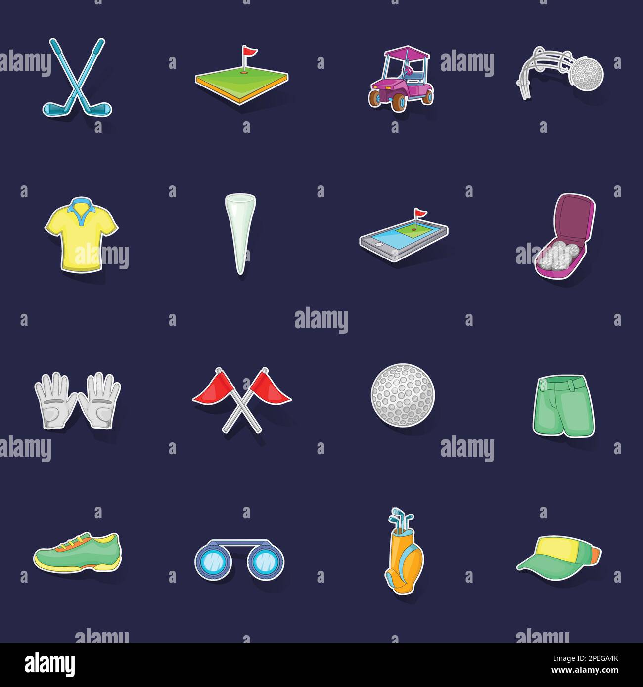 Golf icons set stikers collection vector with shadow on purple ...