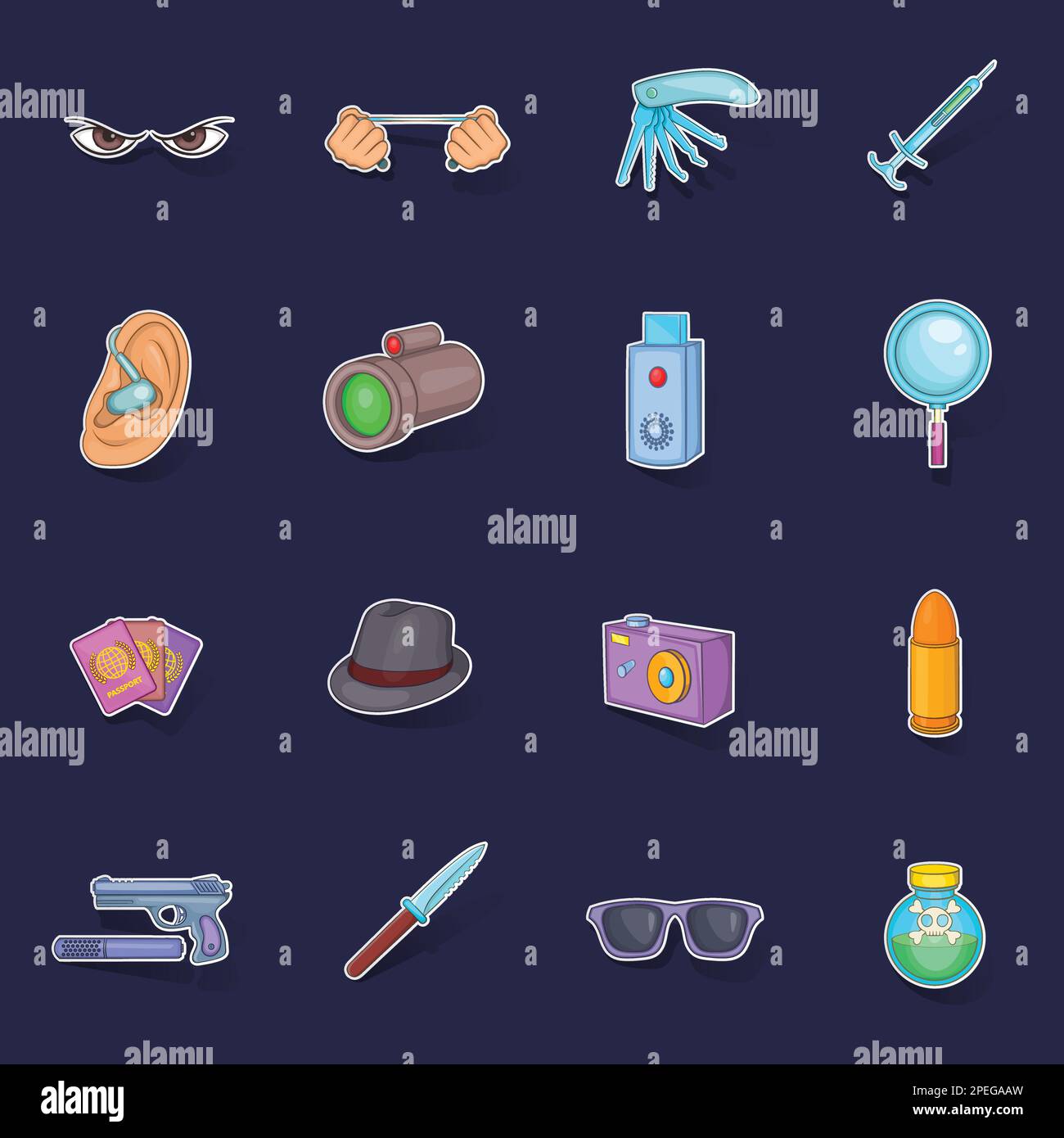 Spy and security icons set stikers collection vector with shadow on purple background Stock ...
