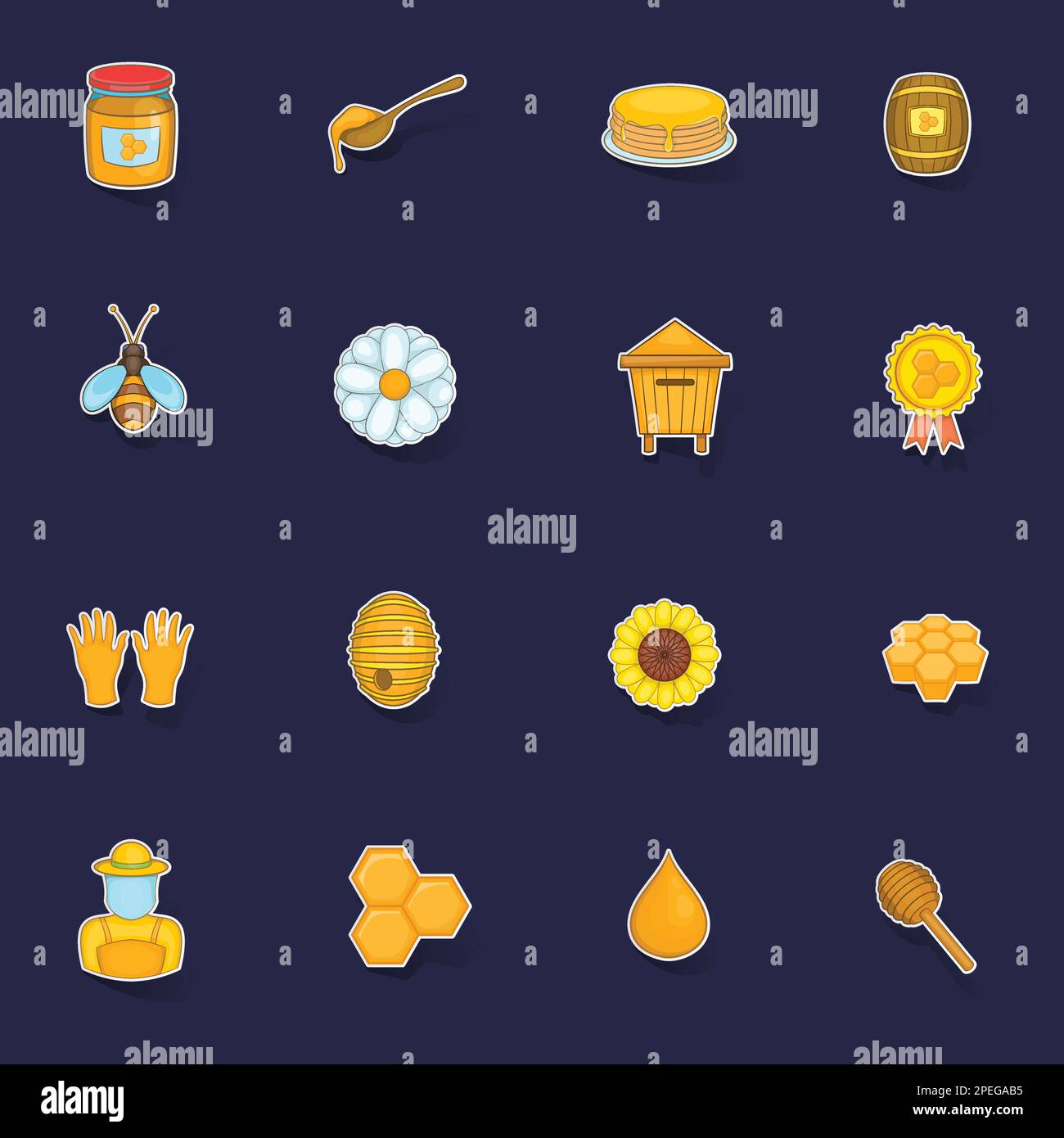 Apiary icons set stikers collection vector with shadow on purple ...