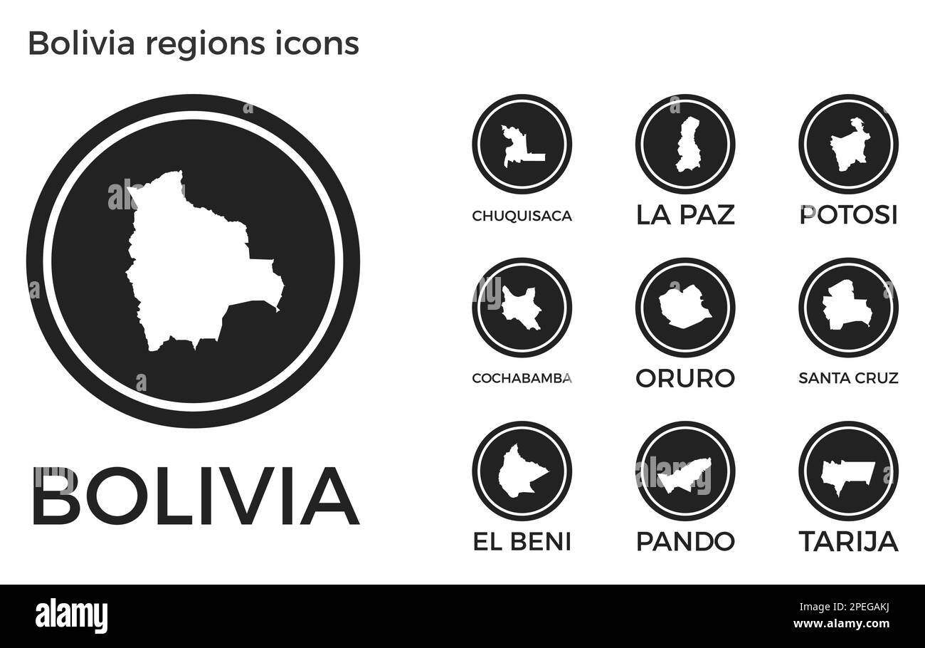 Bolivia regions icons. Black round logos with country regions maps and titles. Vector ...