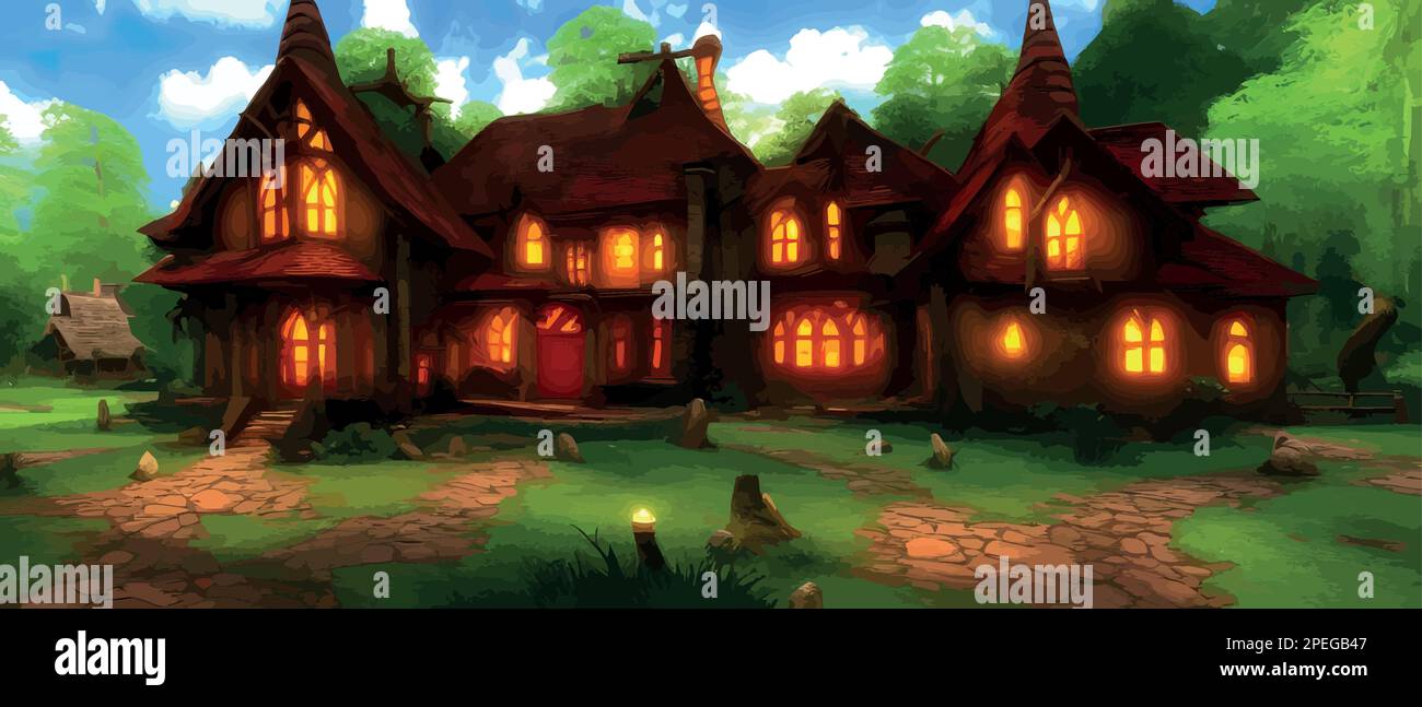 Enchanted cute fairy house in old forest vector illustration, magical ...