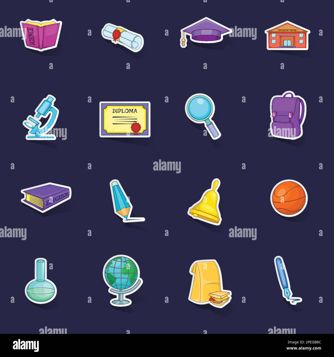 Education icons set stikers collection vector with shadow on purple ...