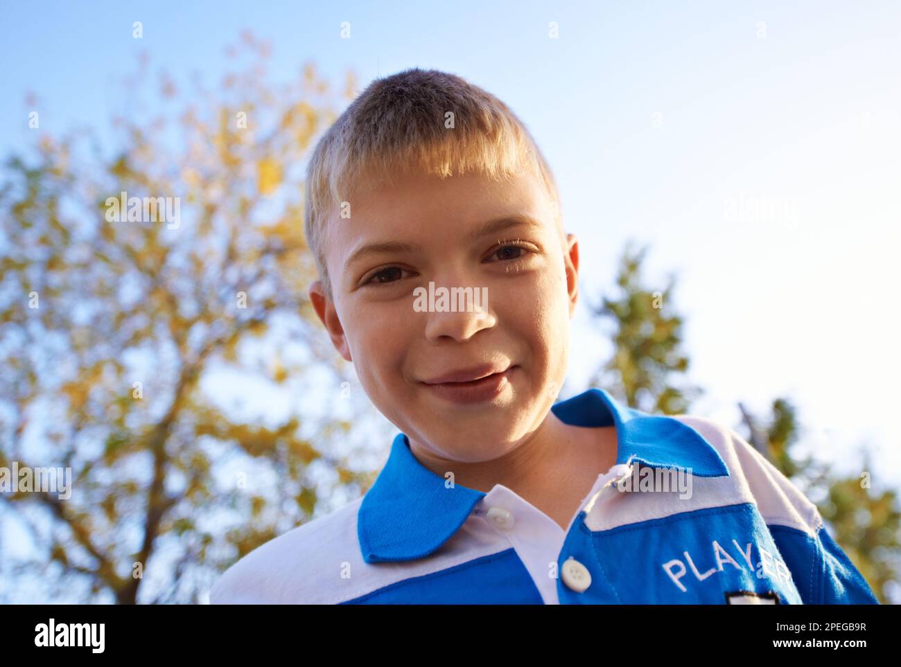 Just your average kid. Cropped portrait of a young boy outdoors Stock ...