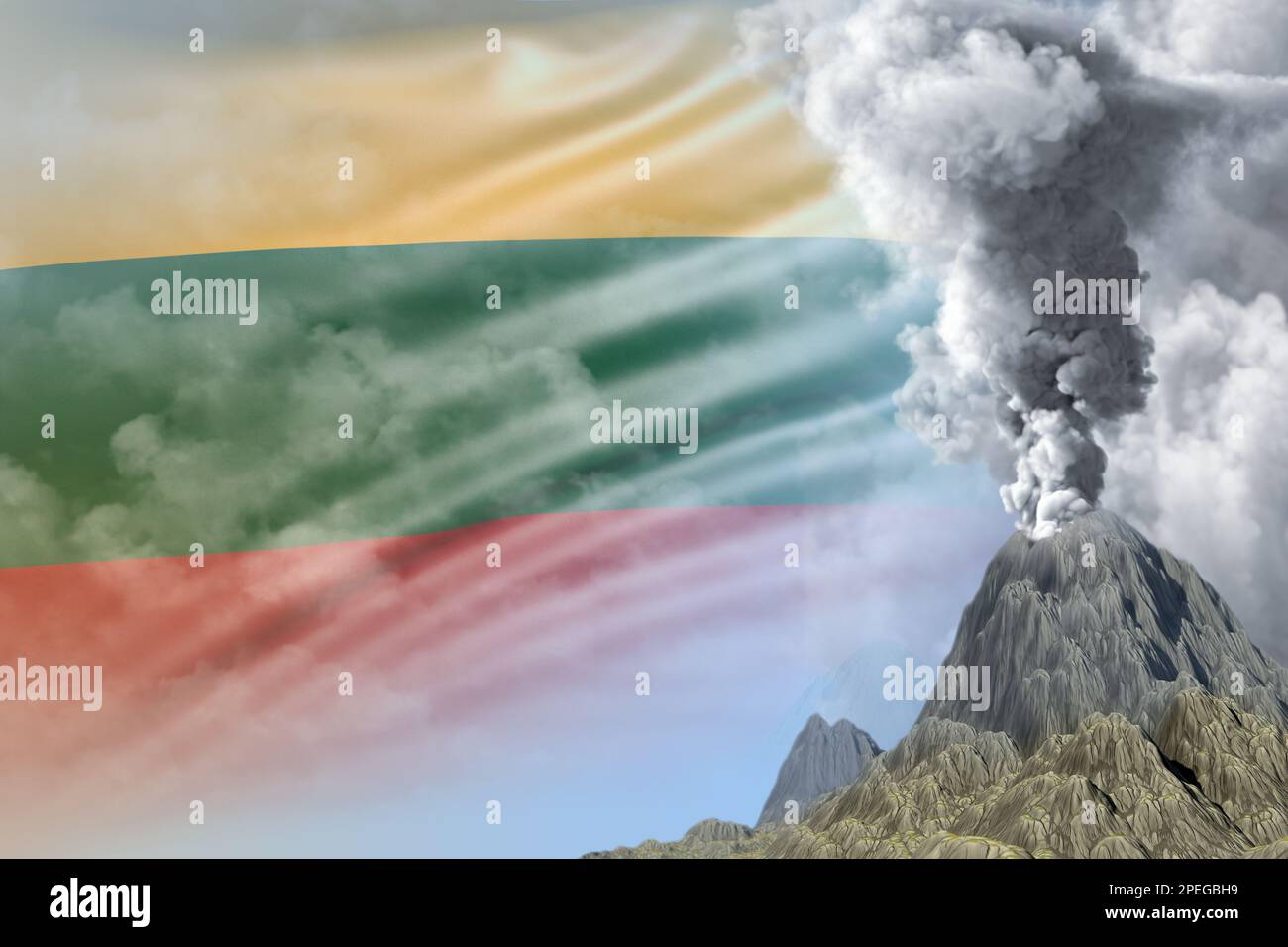 volcano eruption at day time with white smoke on Lithuania flag ...