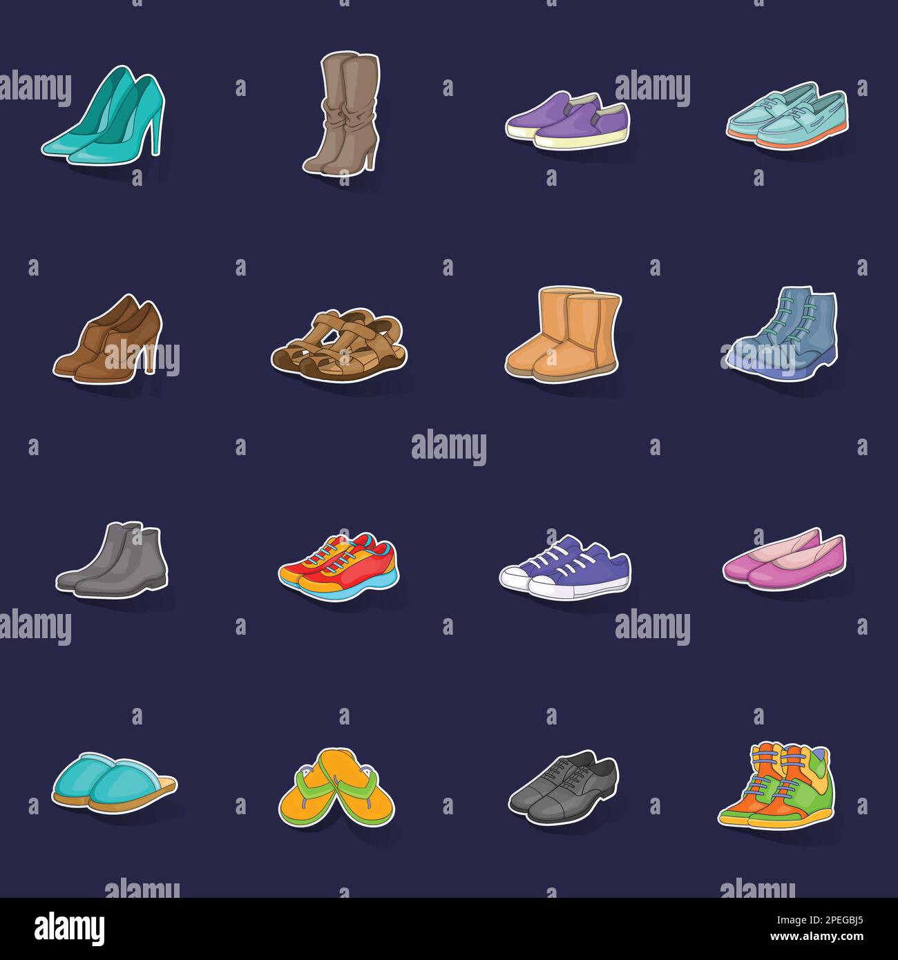 Shoe icons set stikers collection vector with shadow on purple ...