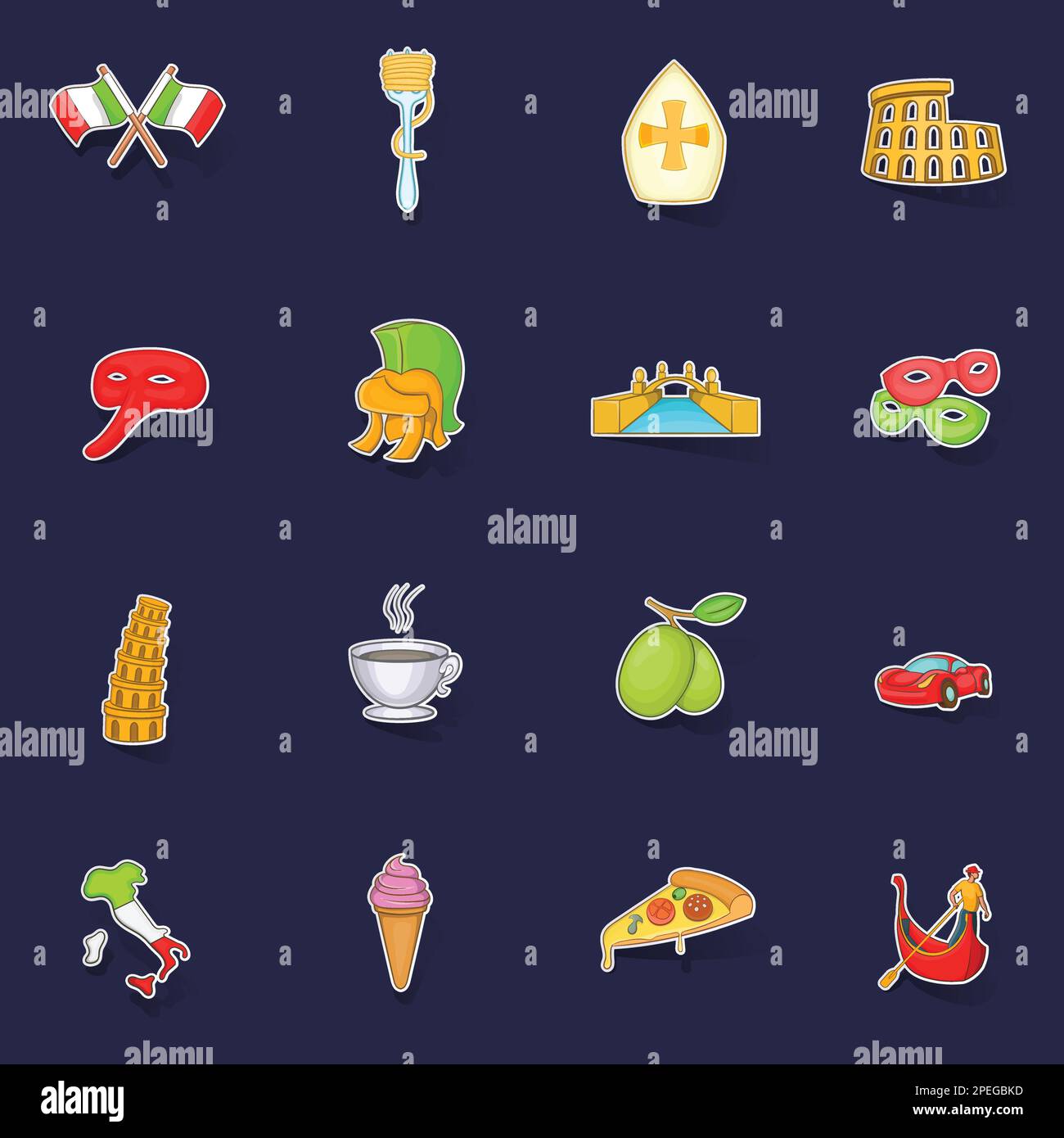 Italy icons set stikers collection vector with shadow on purple ...