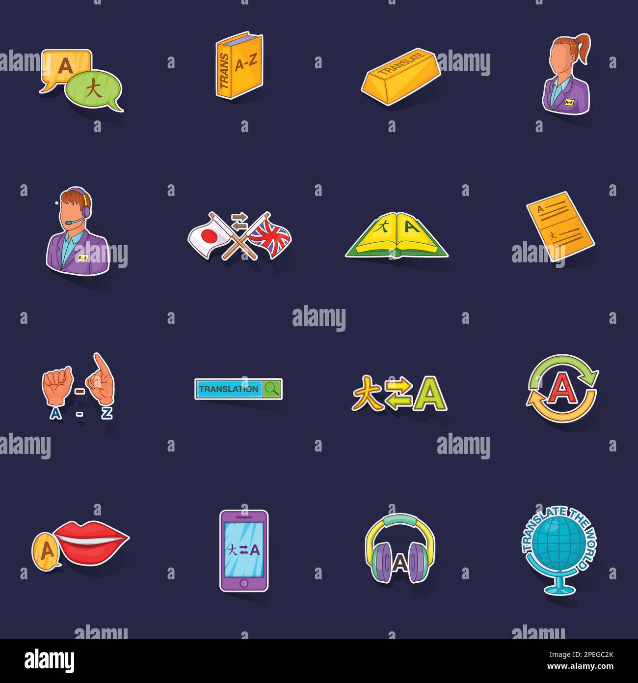 Translator icons set stikers collection vector with shadow on purple ...
